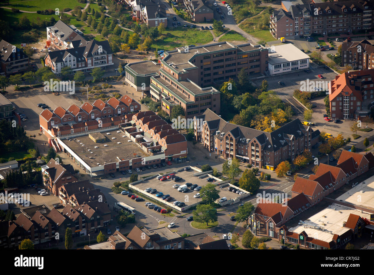 Aerial view, town hall, town centre, Voerde, Lower Rhine area, Ruhr ...