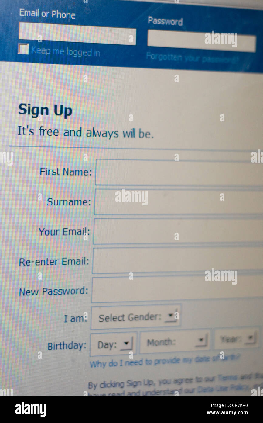 Facebook sign up website detail photographed on a computer screen Stock ...