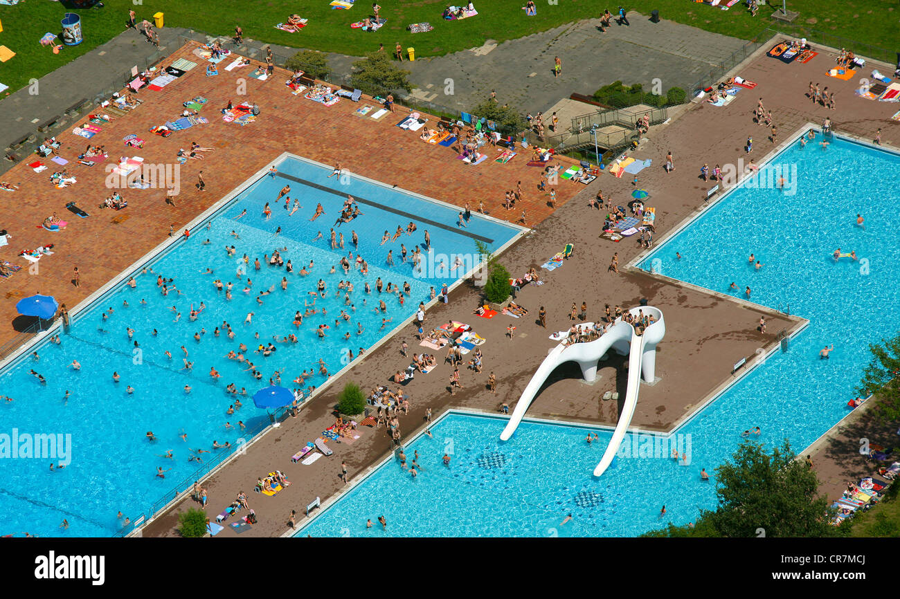 Aerial view, outdoor swimming pool, town pool, Grugabad Essen, Ruhr ...