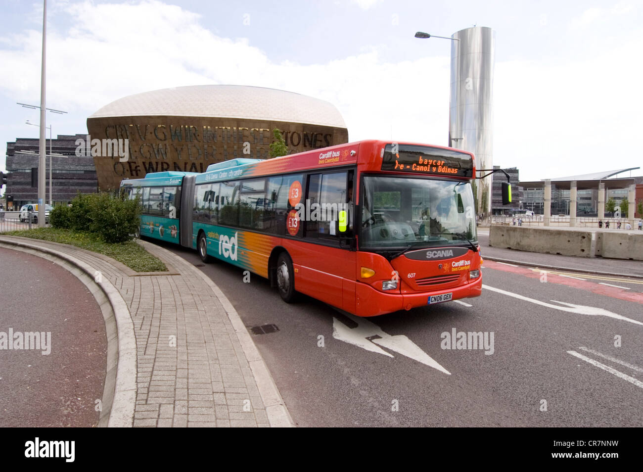 Cardiff's new Bendy Bus at Cardiff Bay Stock Photo - Alamy