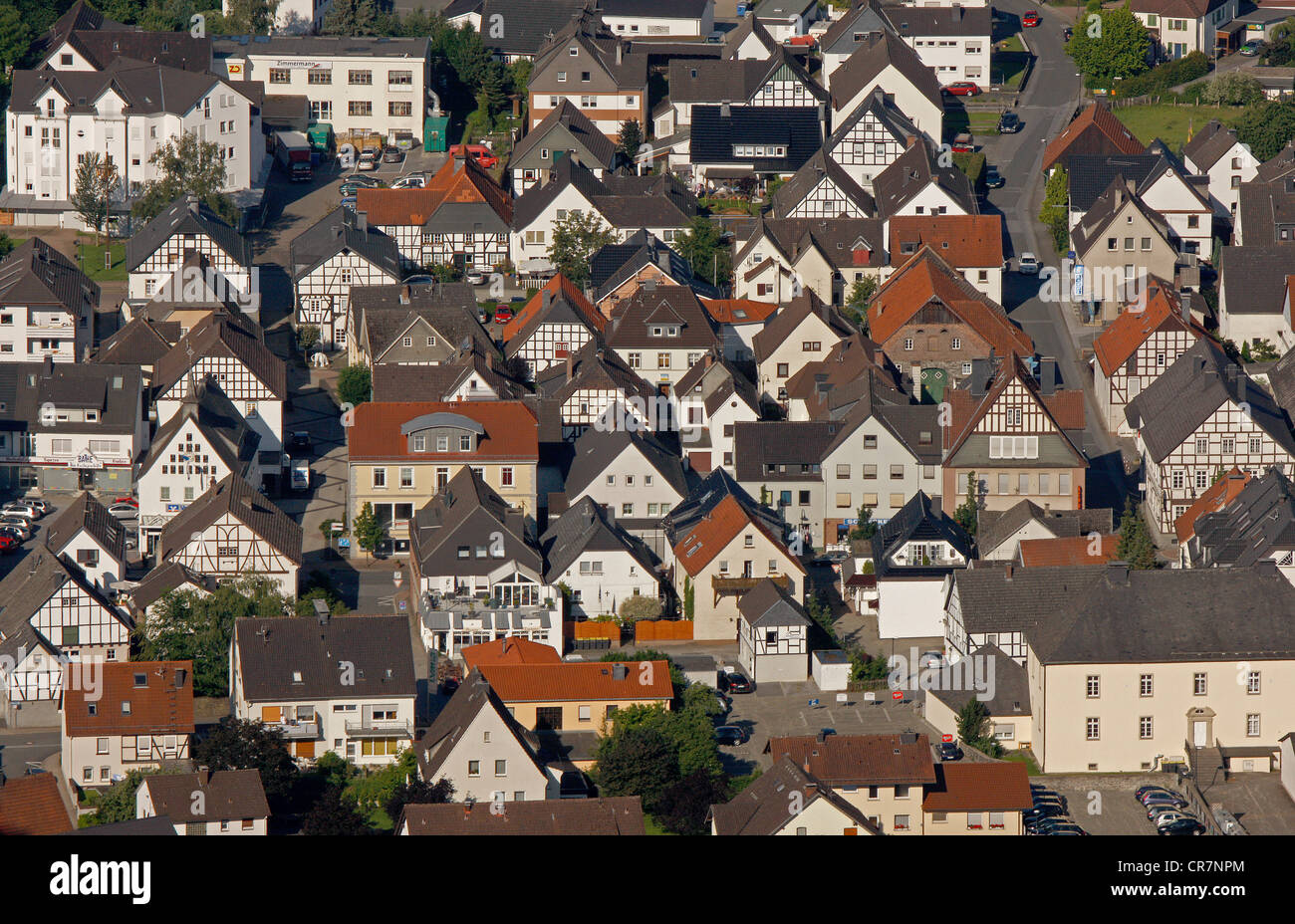 Aerial view, townscape, half-timbered houses, Balve, Sauerland region ...