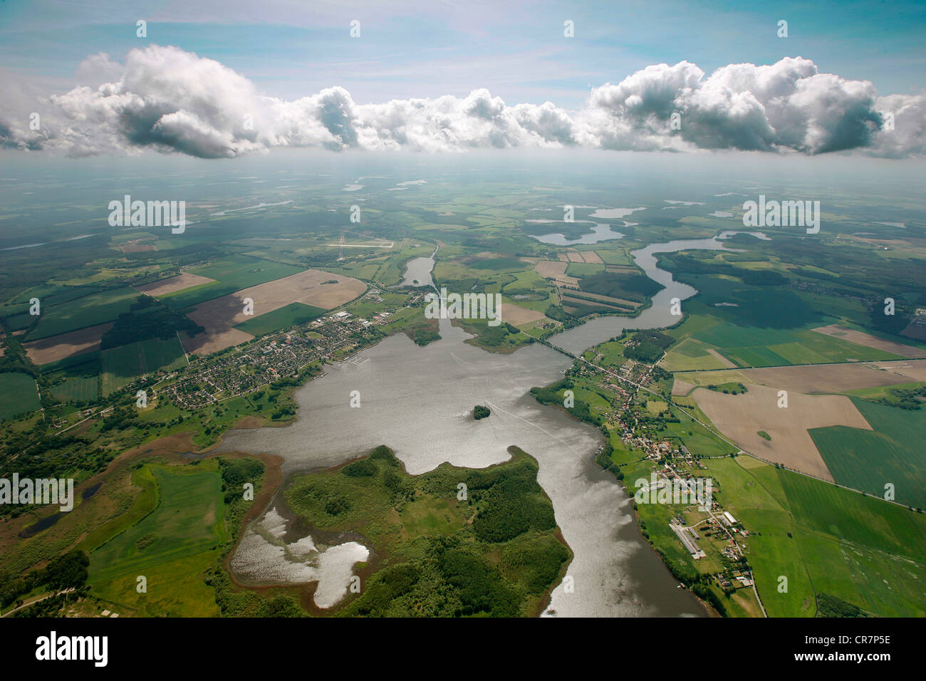 Aerial view, clouds over the Mueritz, Kleine Mueritz bay, Mecklenburg ...