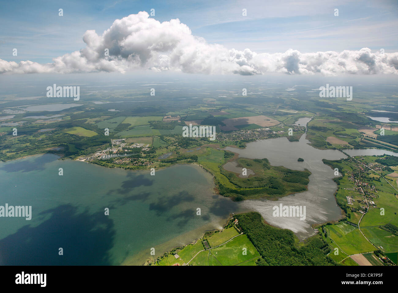 Aerial view, clouds over the Mueritz, Kleine Mueritz bay, Mecklenburg ...