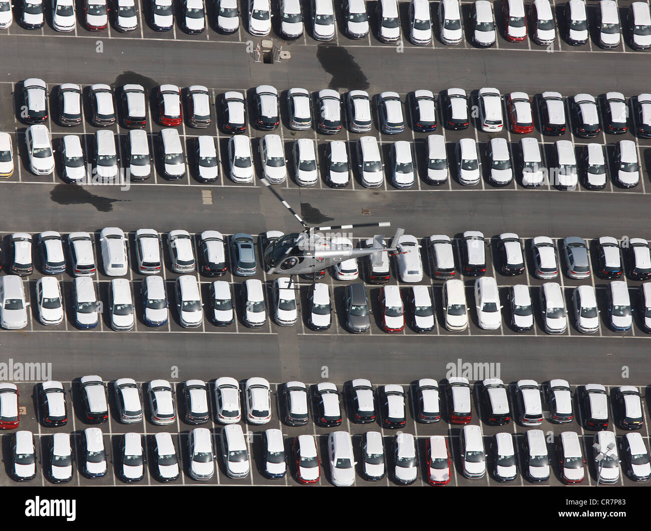 Aerial view, helicopter flying over the VW factory parking site, new ...