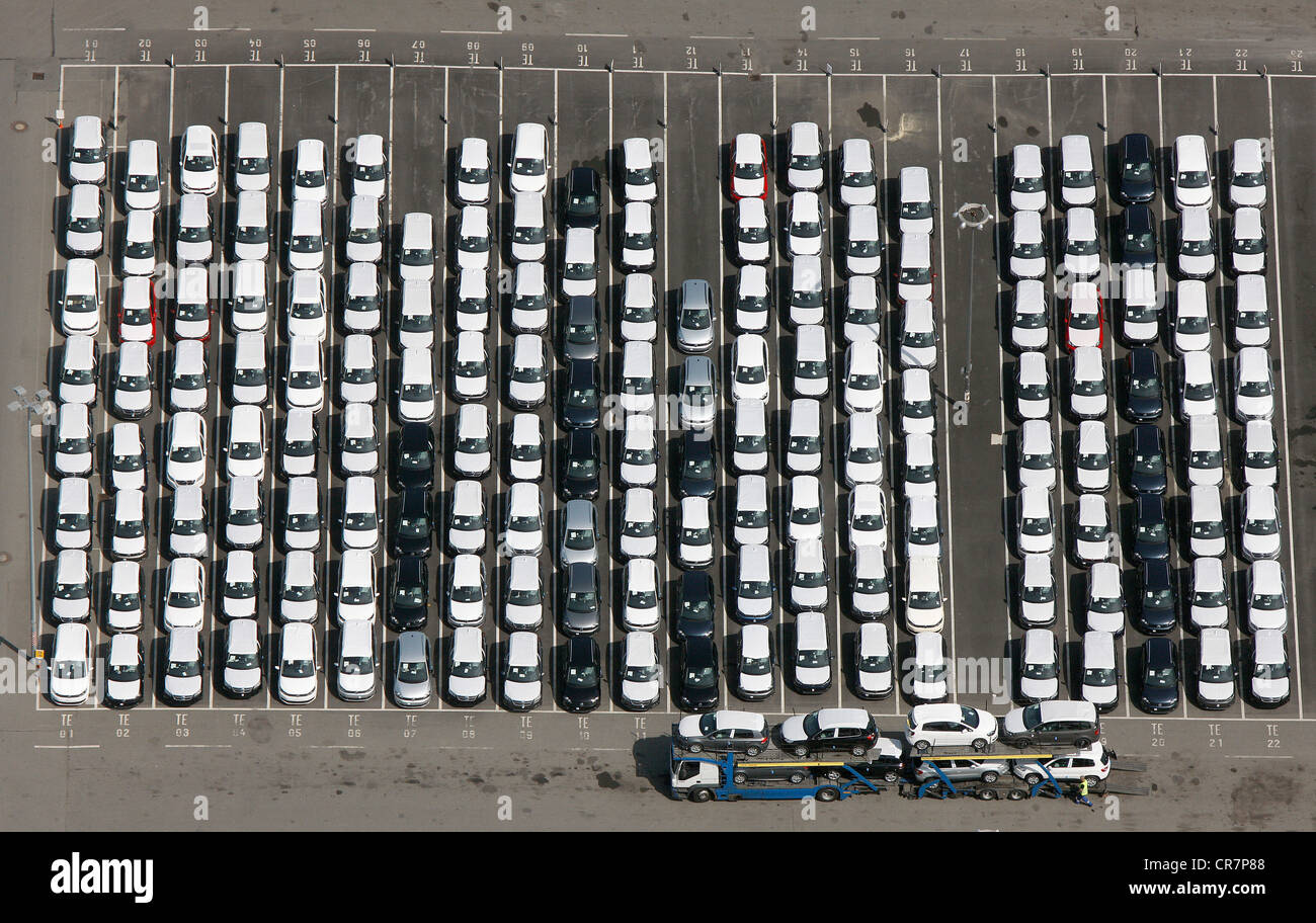 Aerial view, new cars, VW factory parking site, Volkswagen plant ...