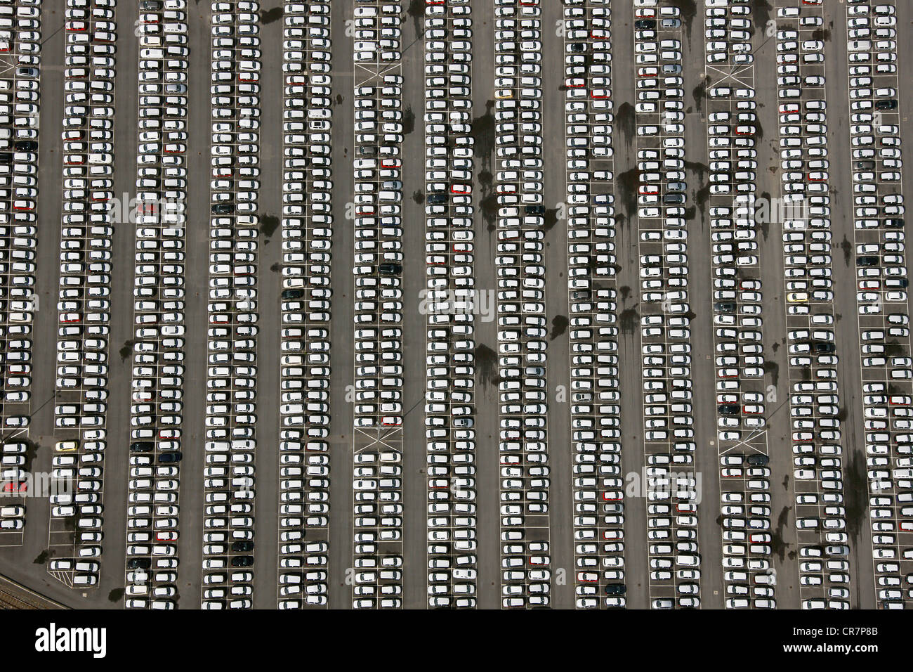 Aerial view, new cars, VW factory parking site, Volkswagen plant ...