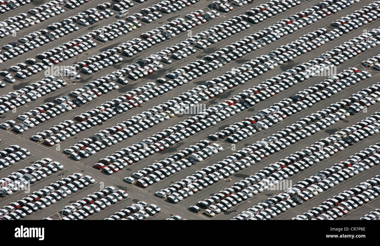 Aerial view, new cars, VW factory parking site, Volkswagen plant ...