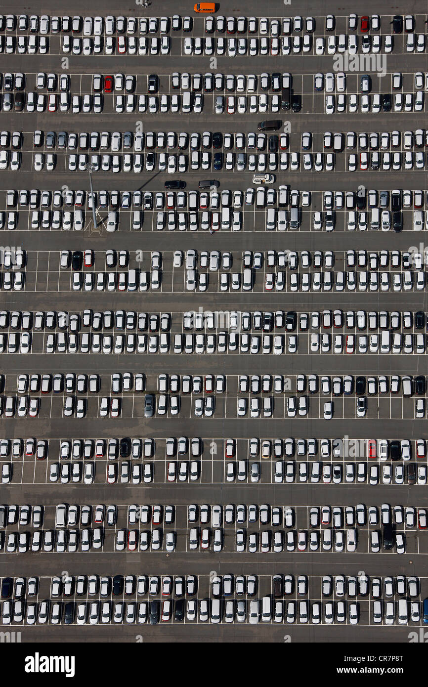 Aerial view, new cars, factory parking site, Volkswagen plant ...