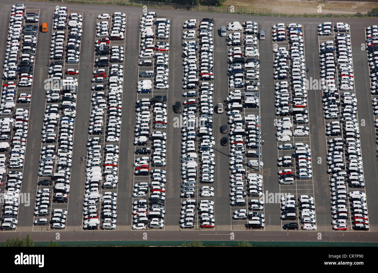 Aerial view, new cars, factory parking site, Volkswagen plant ...