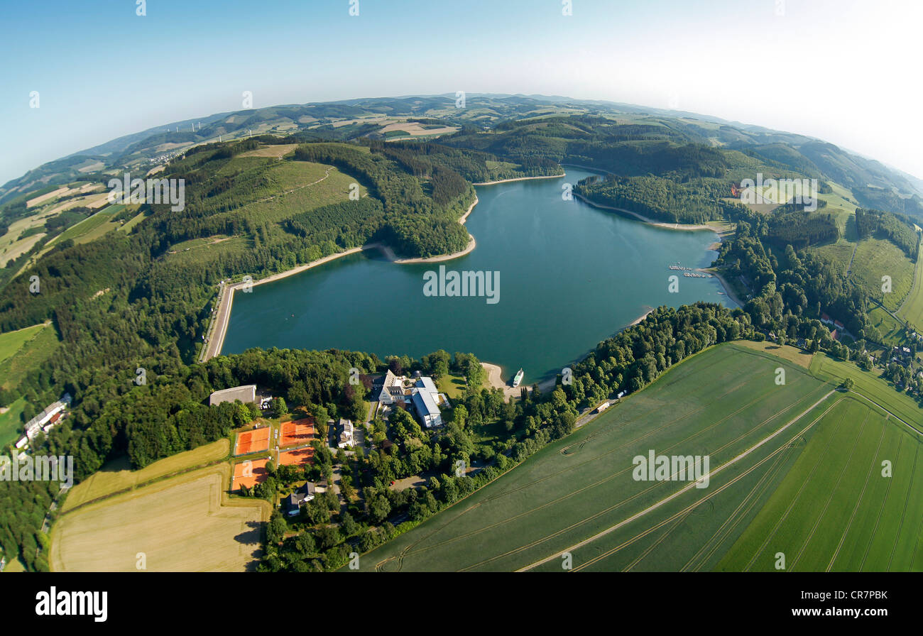 Aerial view, fisheye shot, Hennetalsperre reservoir lake, Naturpark ...