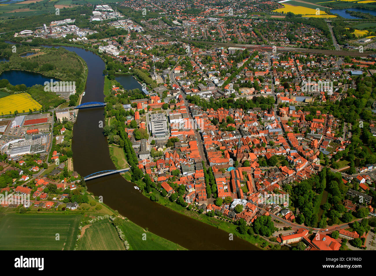 Aerial view, old town, Weser, Nienburg, Lower Saxony, Germany, Europe ...