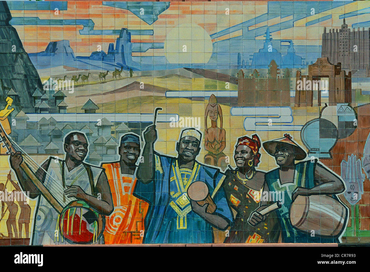 Mural of traditional Mali musicians painted on a wall in the centre of ...