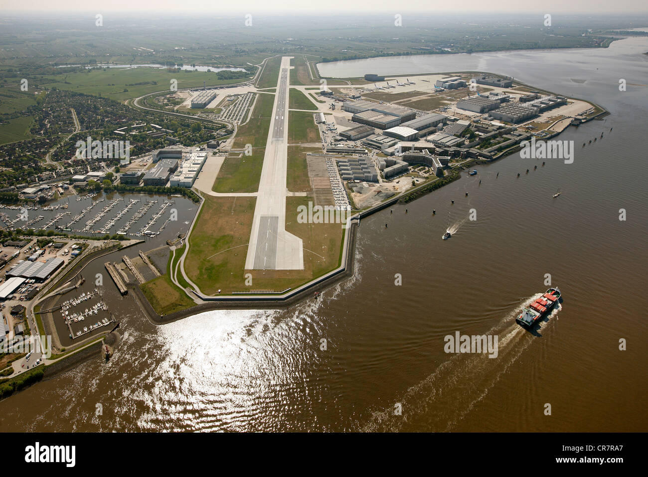 Aerial view, airstrip airport Hamburg-Finkenwerder and premises of the ...