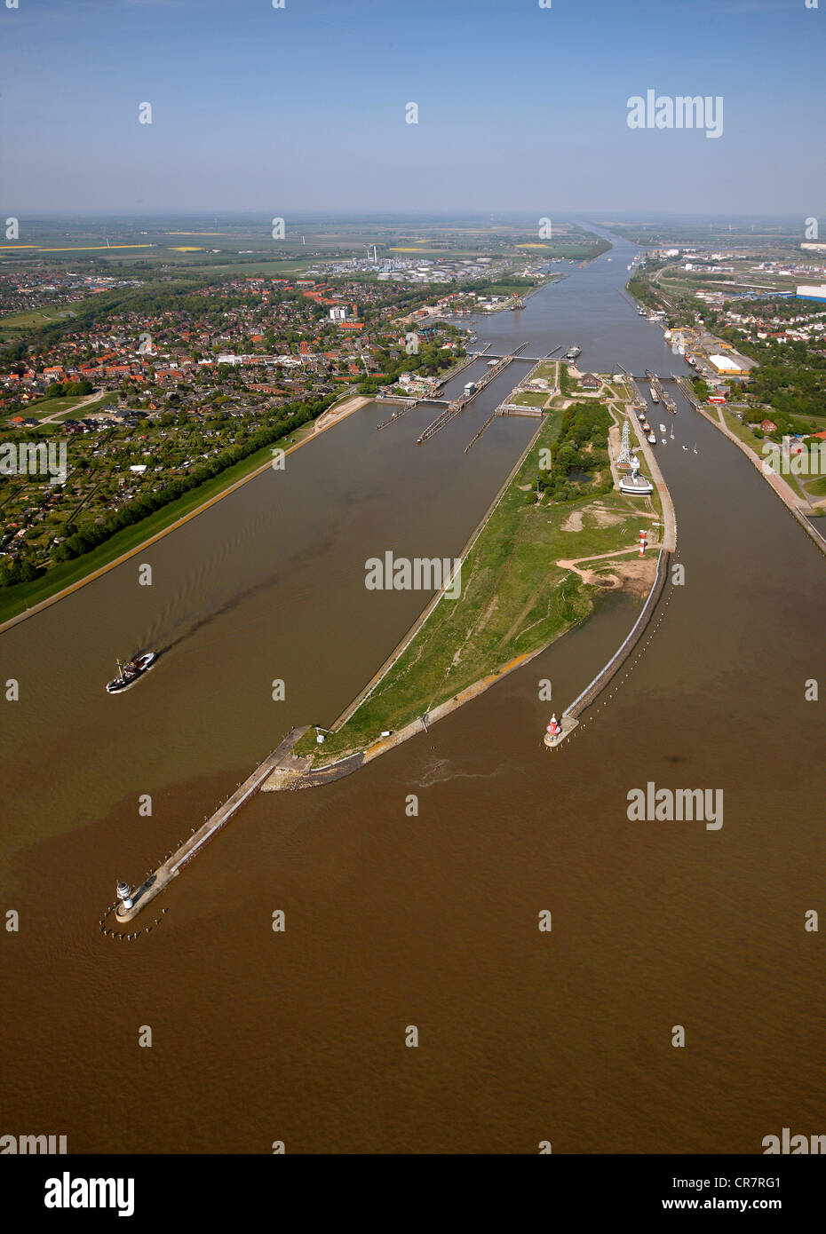 Aerial view, entrance to Kiel Canal, Dithmarschen, Schleswig-Holstein ...
