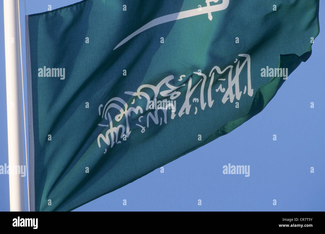 Saudi Arabia, the national flag, inscribed in Arabic are the words ...