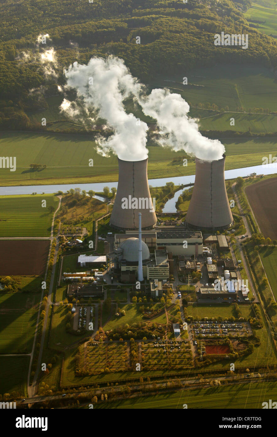 Aerial view, Grohnde Nuclear Power Plant, KWG, Weser River, Grohnde ...