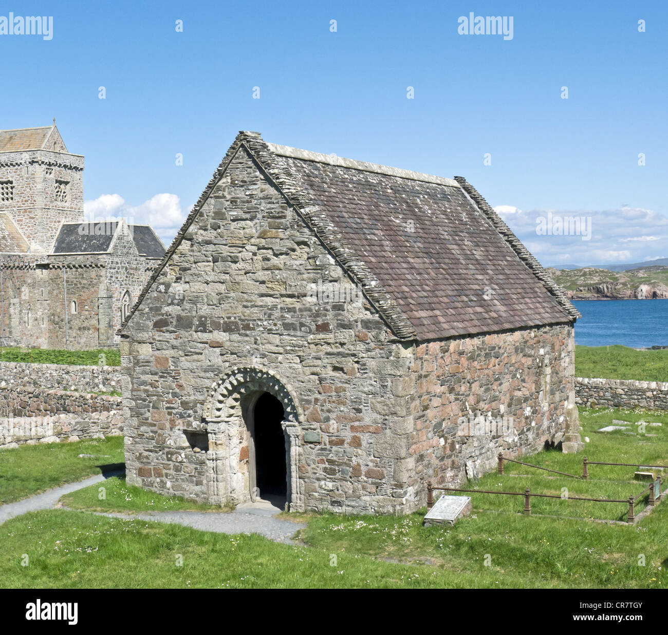St Oran's Chapel and Iona Abbey (left) on the Island of Iona off Mull ...