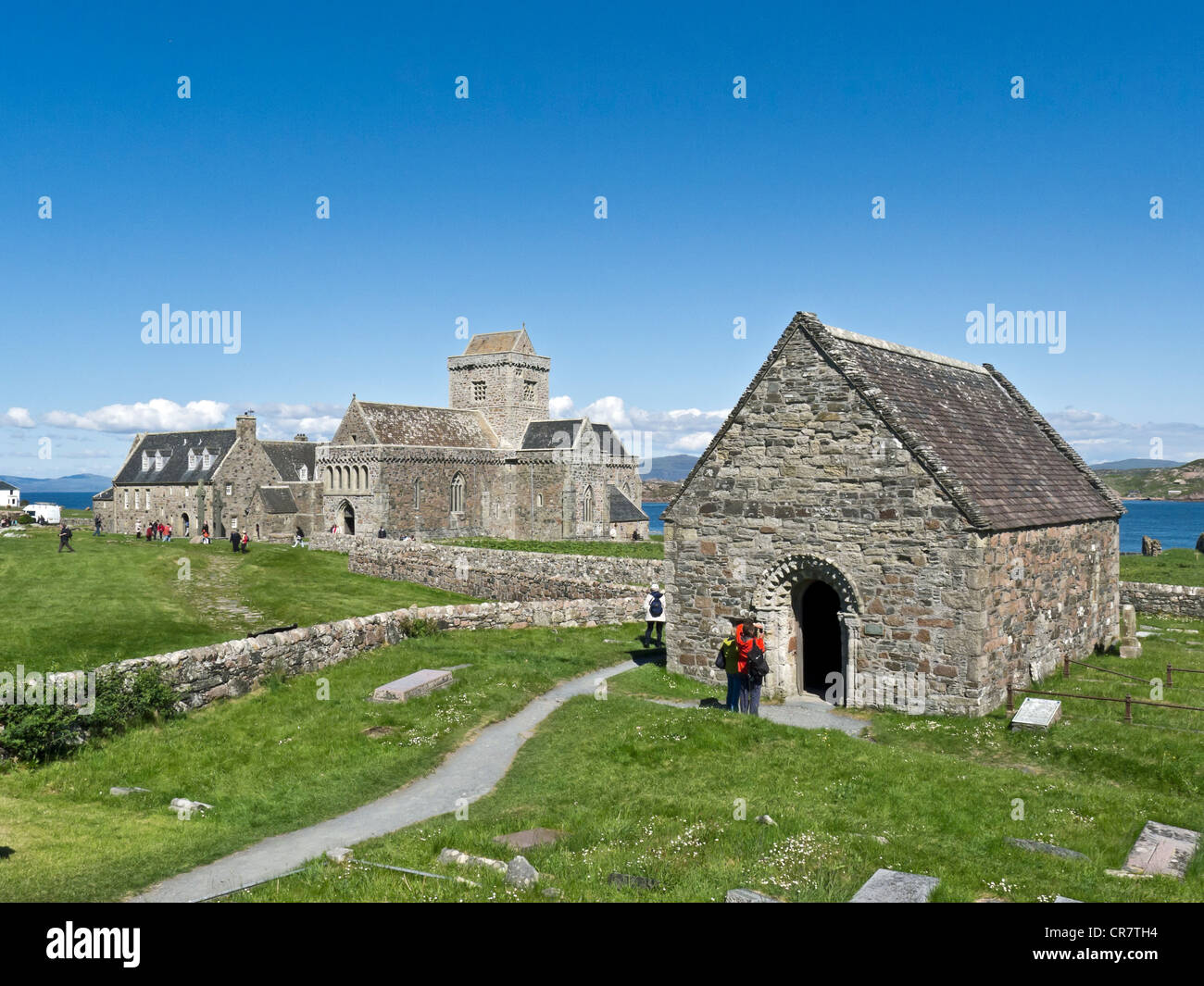 St Oran's Chapel and Iona Abbey (left) on the Island of Iona off Mull ...