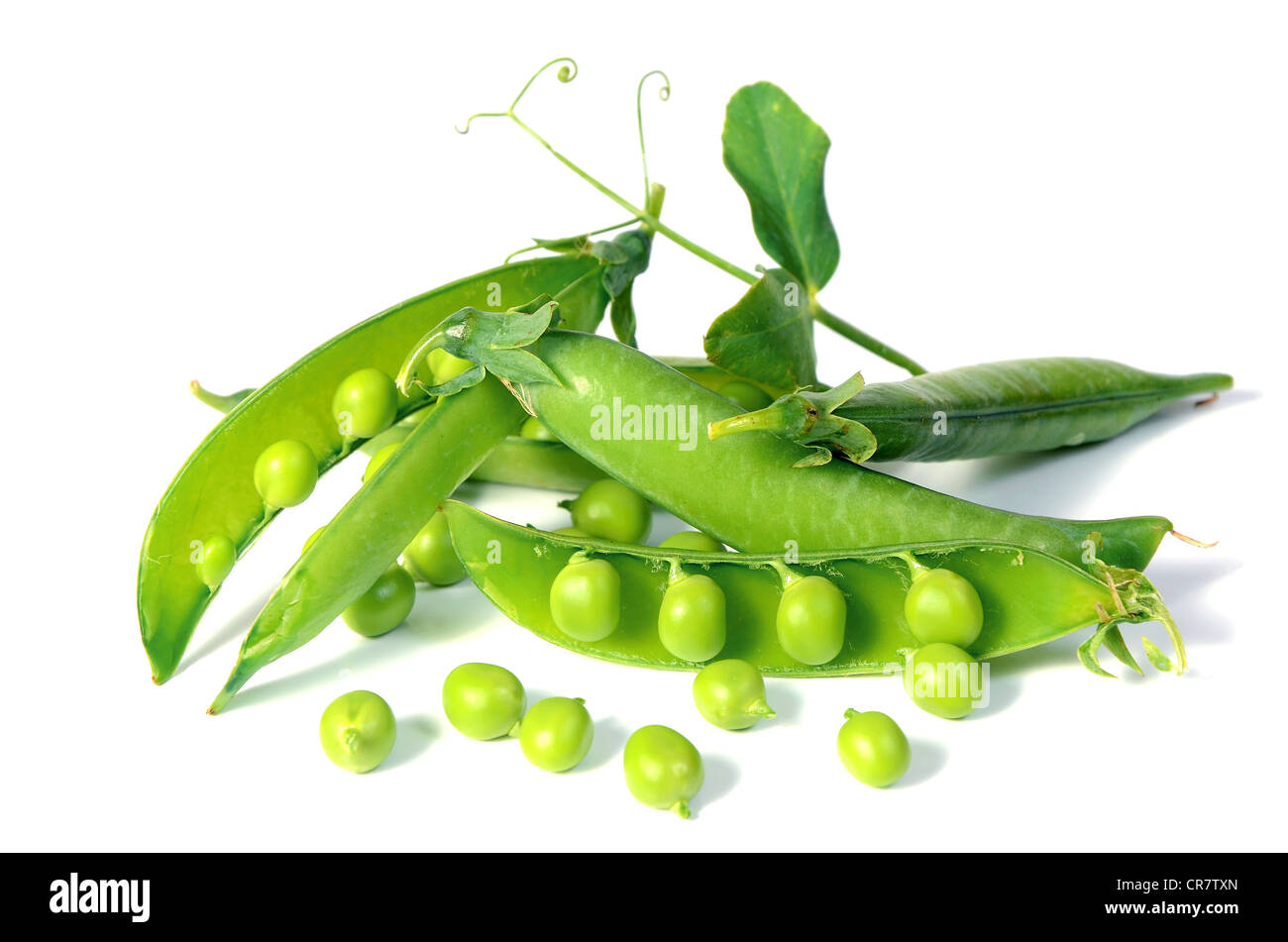 ripe peas with green leaf isolated on white background Stock Photo - Alamy