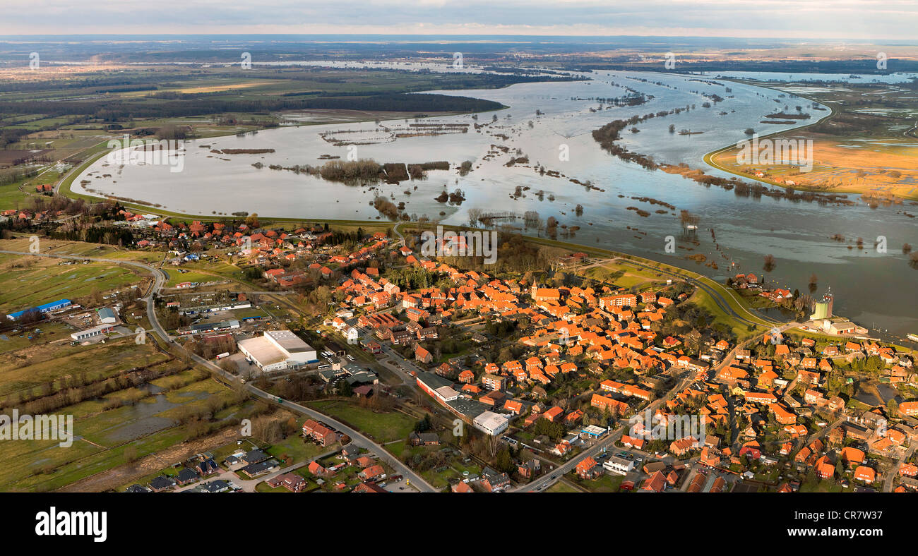 Aerial view, Bleckede, Elbe River, Elbe Valley Nature Park, winter ...
