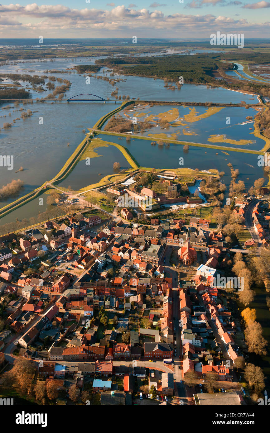 Aerial view, Doemitz, Hitzacker, Elbebruecke, bridge over the Elbe ...