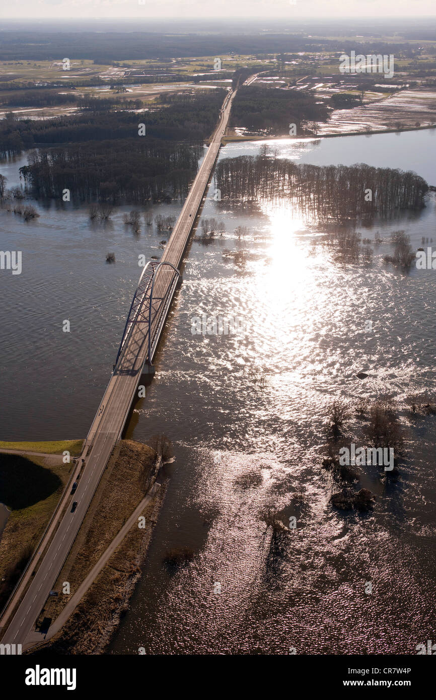 Aerial view, Doemitz, Hitzacker, Elbebruecke, bridge over the Elbe ...
