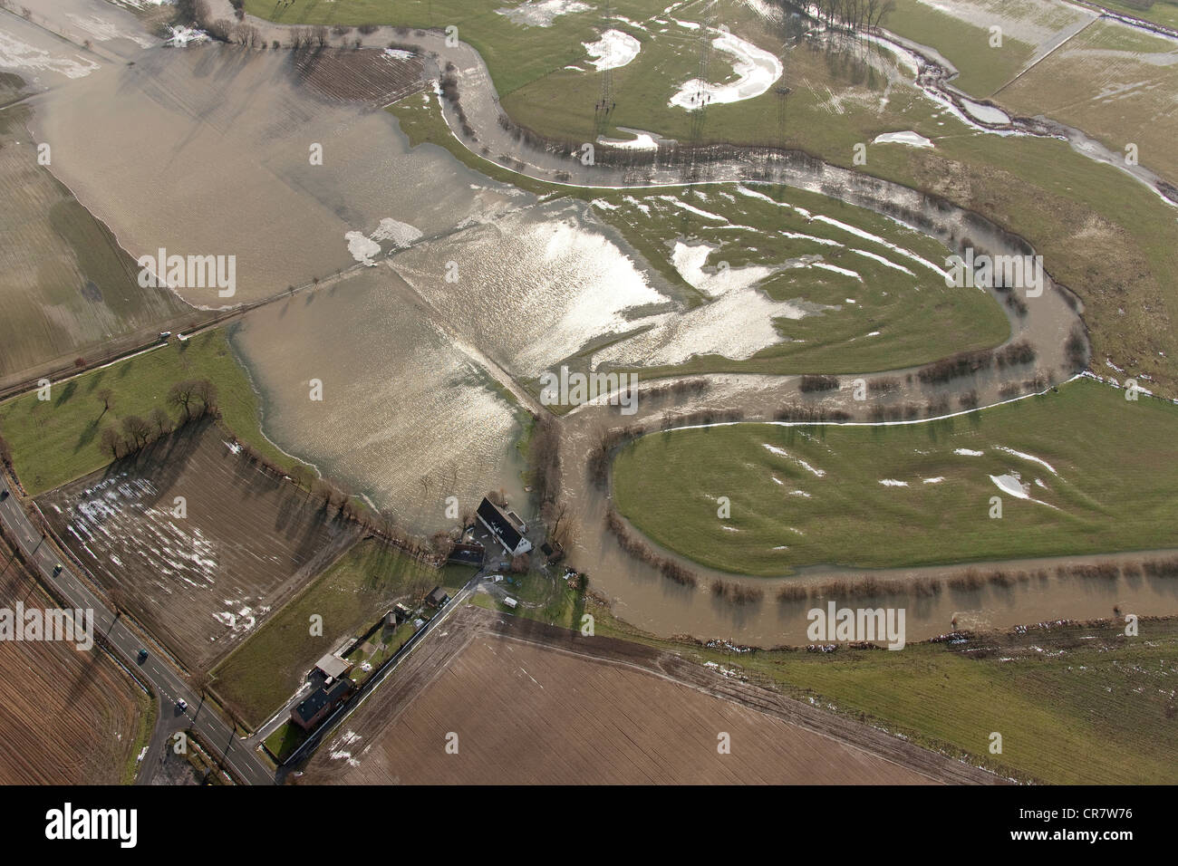 Aerial view, river Lippe restoration, river bend, house in high water ...