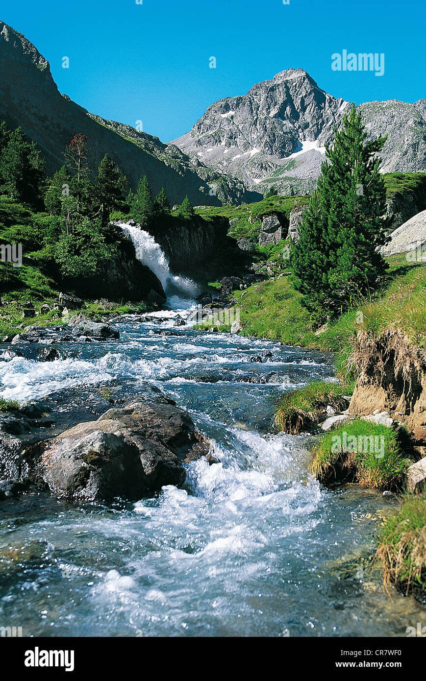France, Hautes Pyrenees, Cauterets, stream and waterfall in Lutour ...
