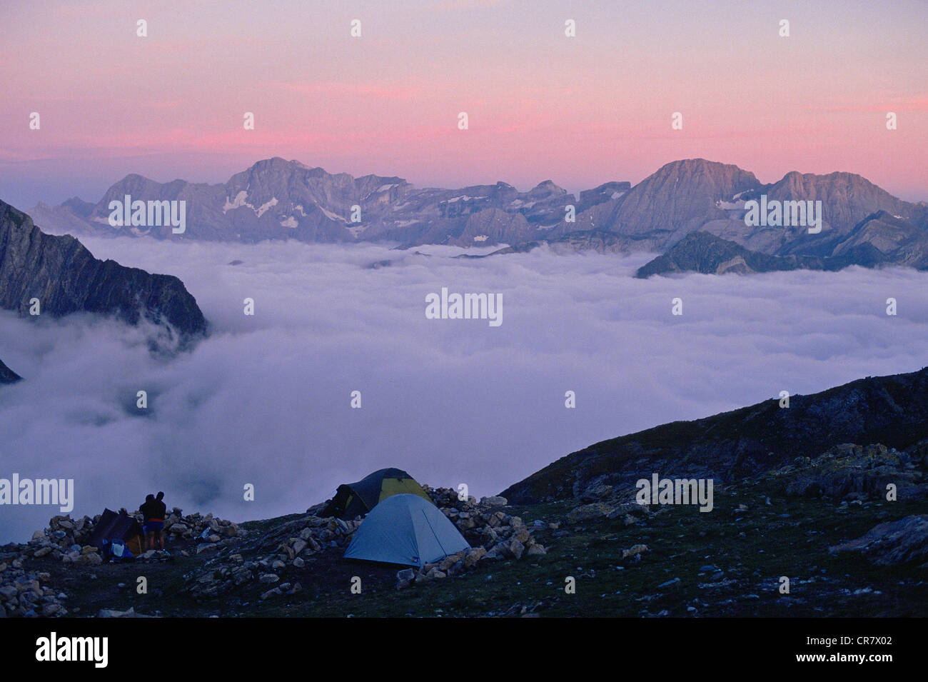 France, Hautes Pyrenees, the sea of clouds at sunset, from the shelter ...