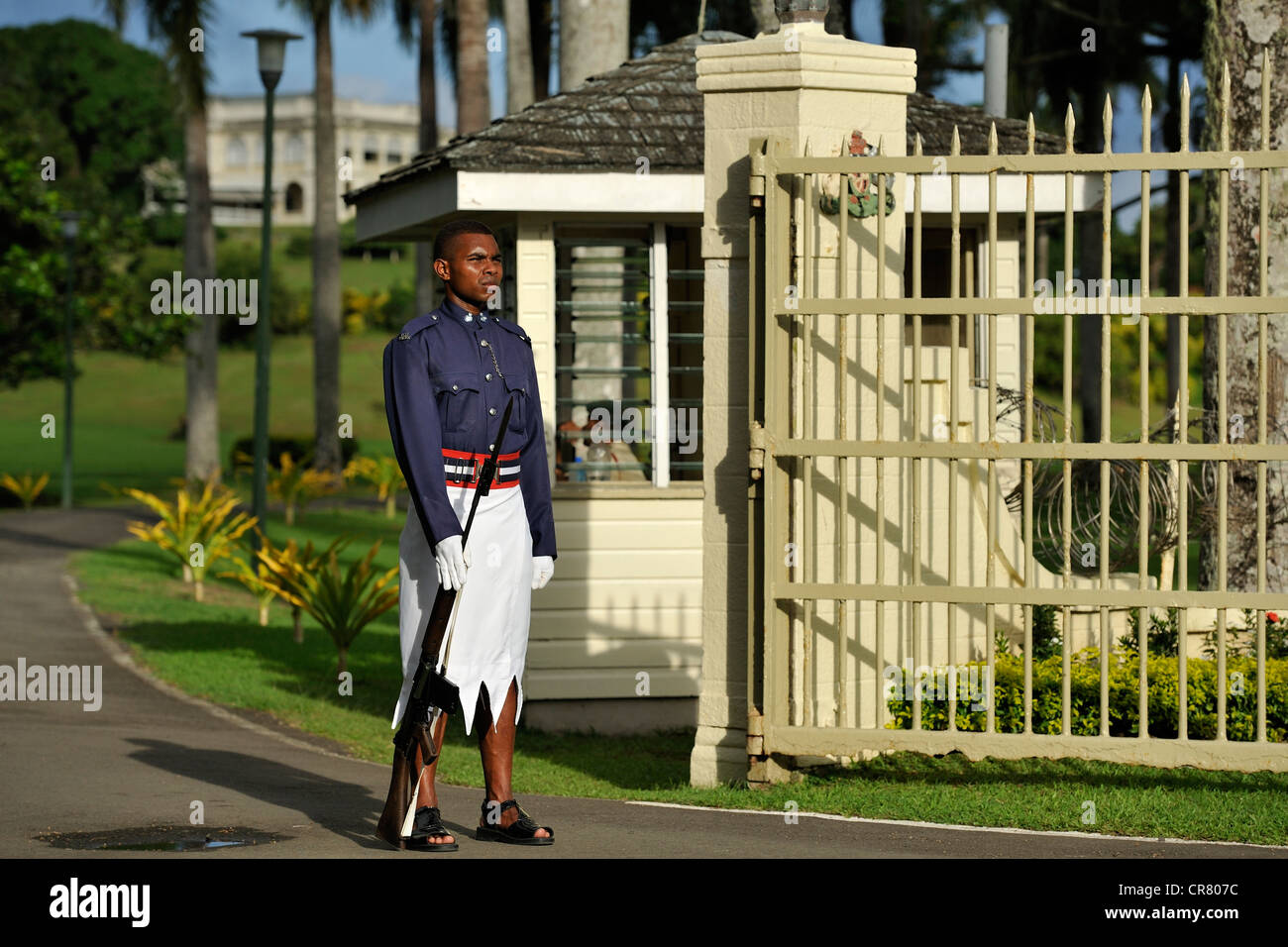 Police Guard duty outside Government Buildings, Suva. Wearing modern ...