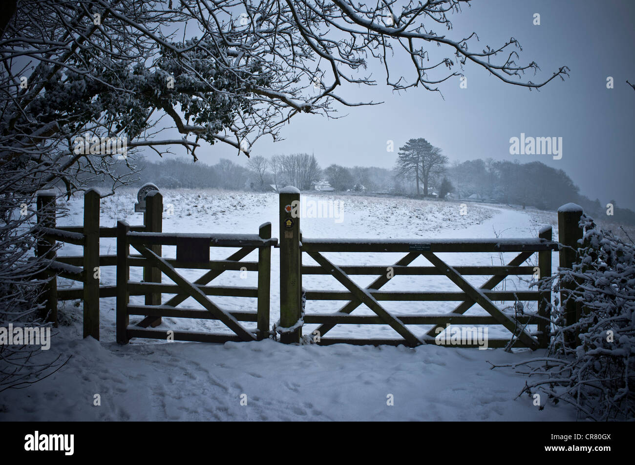 Frozen country gate on Ranmore Common in winter. Snow covered gate in ...
