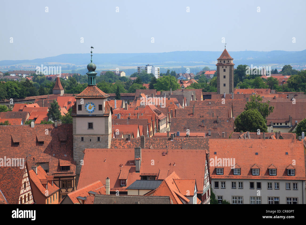 Skyline view from the tall town hall tower of Rothenburg ob der Tauber ...