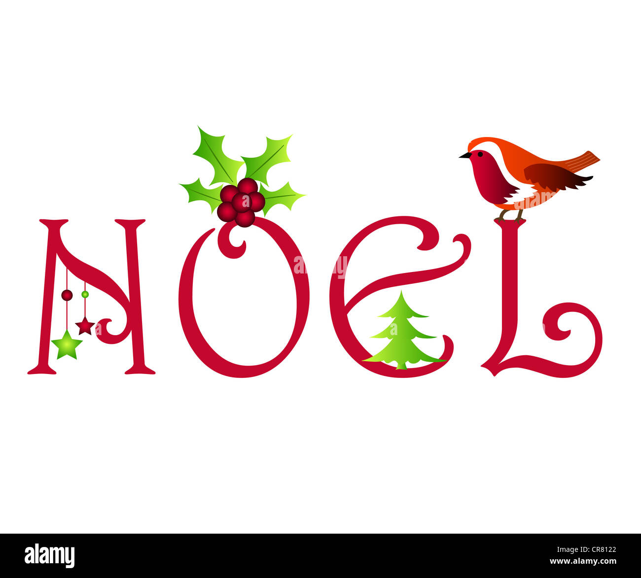 Noel greetings with holly, stars tree and robin Stock Photo - Alamy