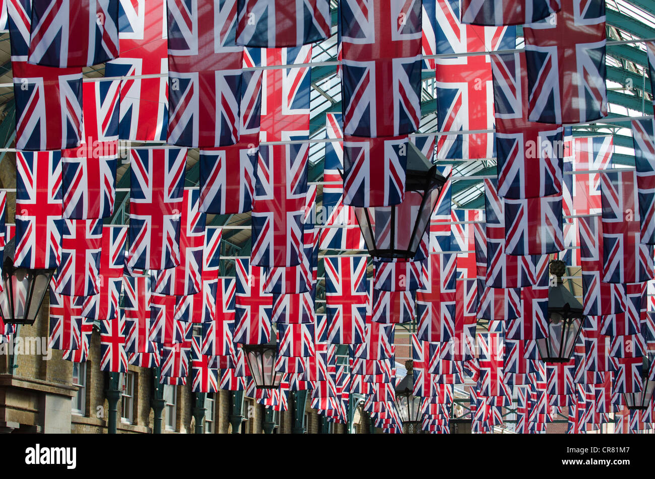 Union Flags hanging from Covent Garden covered market Westminster ...
