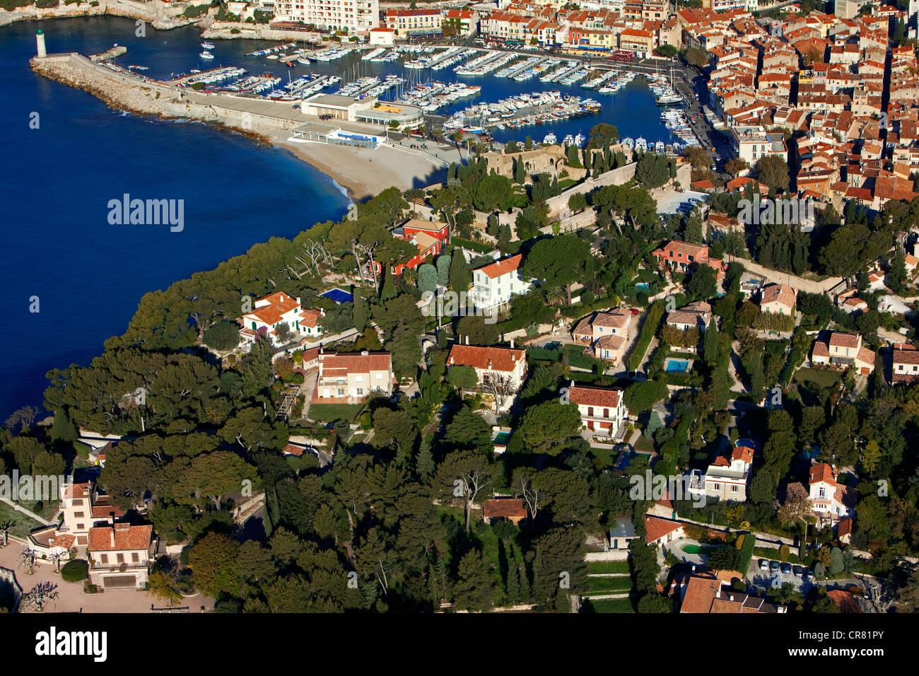 France, Bouches du Rhone, Cassis, the castle, the port and beach of ...