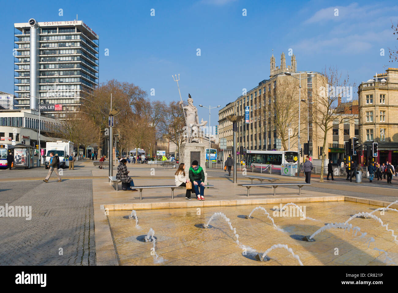 The Centre promenade with Colston Tower and statue of Neptune, Bristol ...
