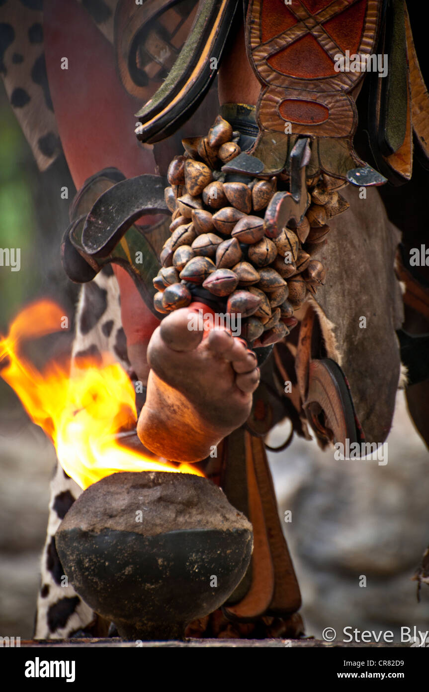 A Mayan fokllore fire dance ritual is performed by a mythical performer ...