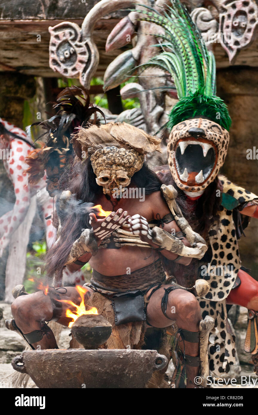 A Maya fokllore fire dance ritual is performed by mystical performers ...