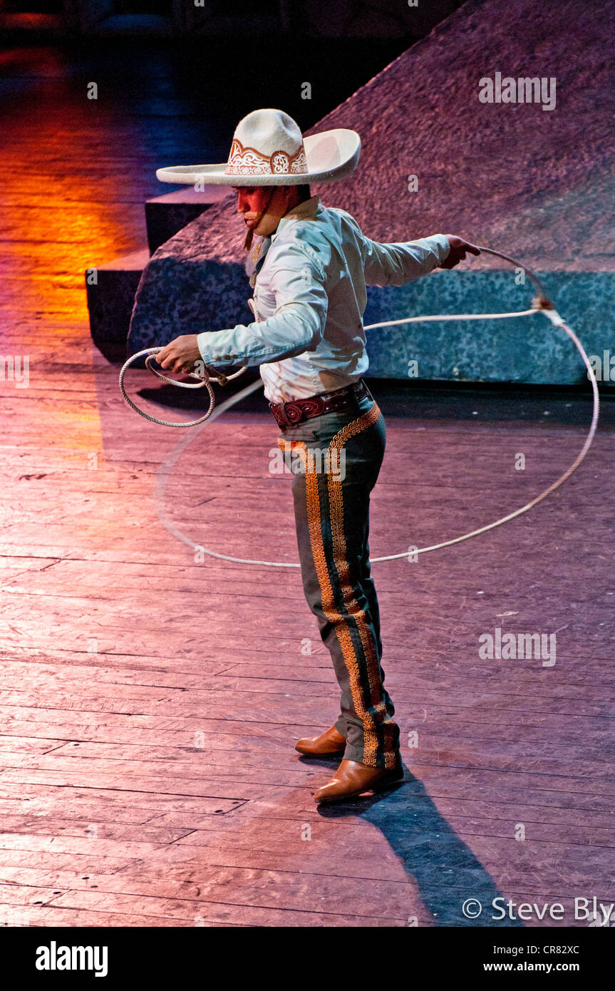 Cowboy (Charro) in traditional costume performing in Xcaret Park ...