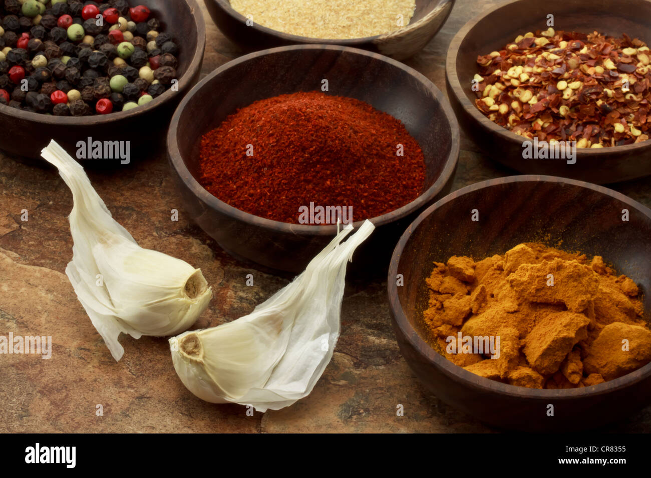 Collection of spices in wooden bowls Stock Photo - Alamy