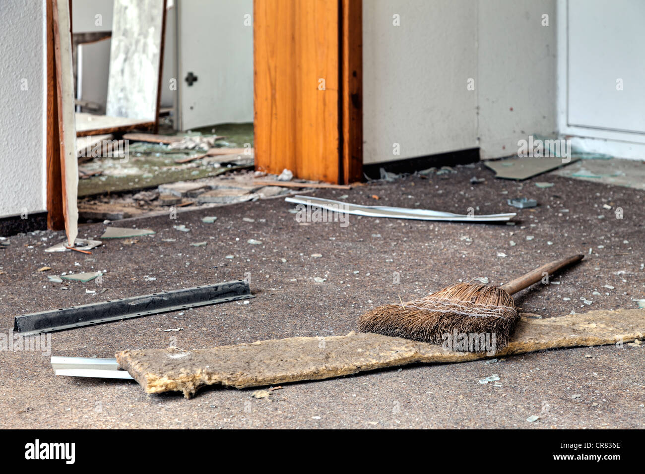 Broom, clutter, destruction, abandoned factory Stock Photo - Alamy