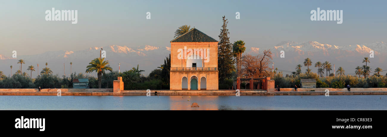 The pavilion and basin of Menara Gardens with the mountains of the High ...