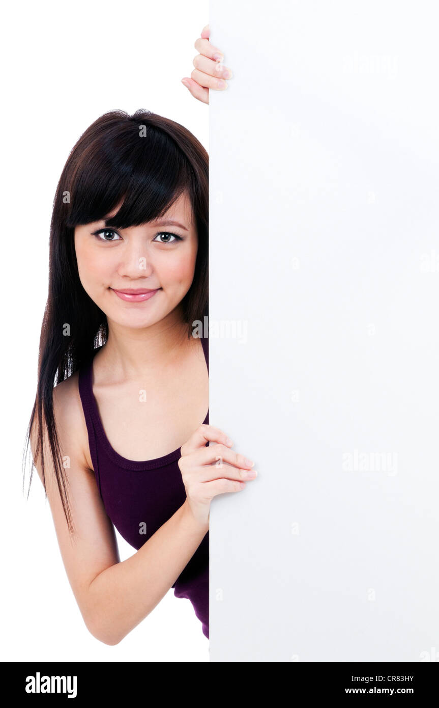Beautiful young Asian female holding blank signboard, portrait Stock ...