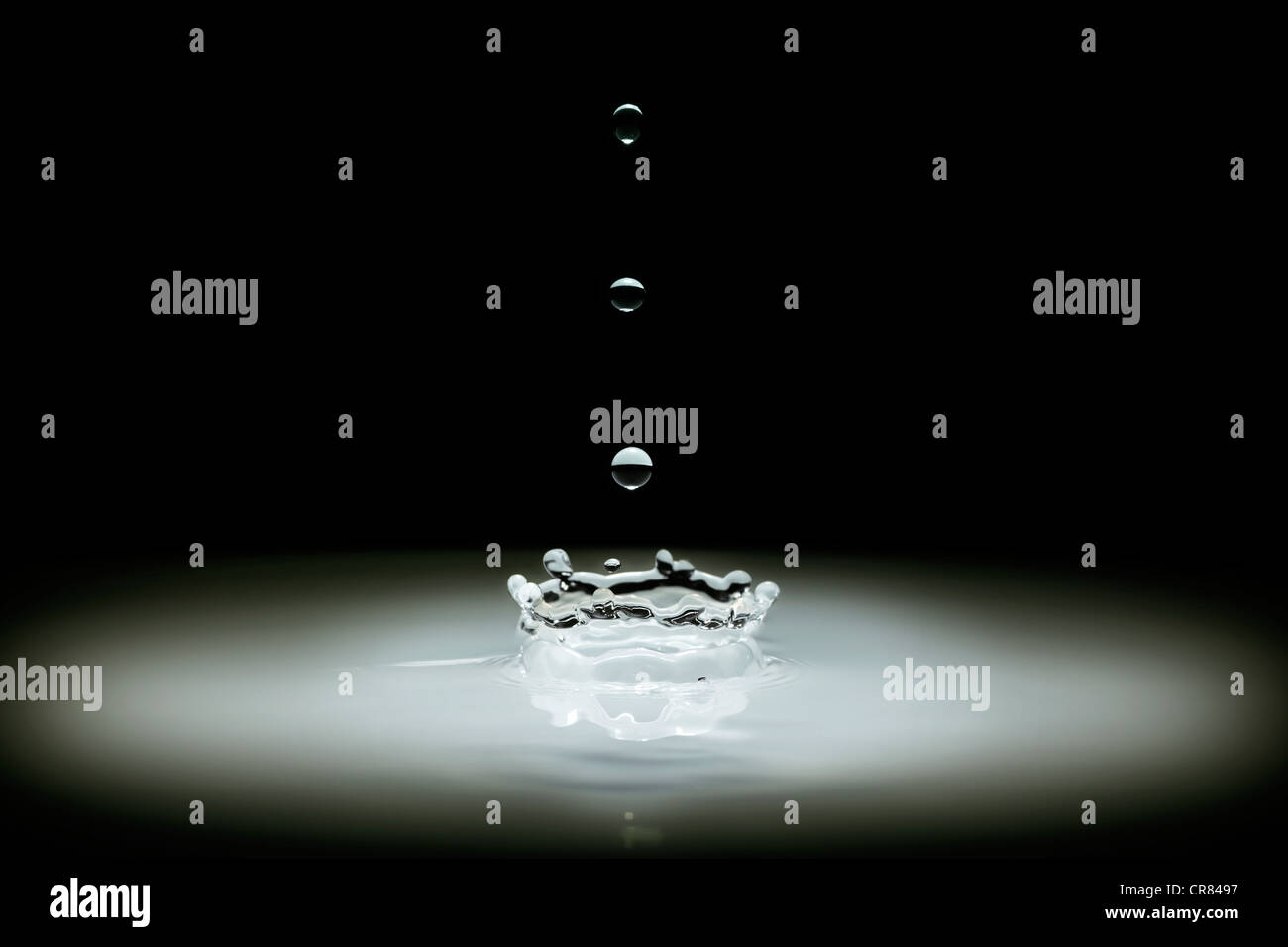 Water drops falling into a bright bowl with water forming droplets ...