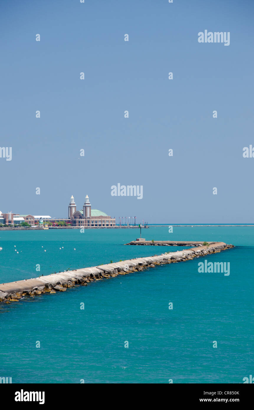 Illinois, Chicago. Lake Michigan view of Navy Pier and coastal marina ...