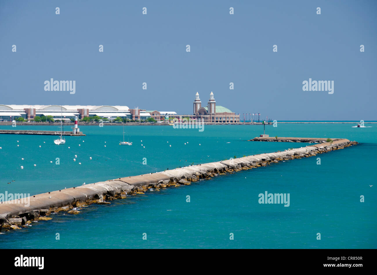 Illinois, Chicago. Lake Michigan view of Navy Pier and coastal marina ...