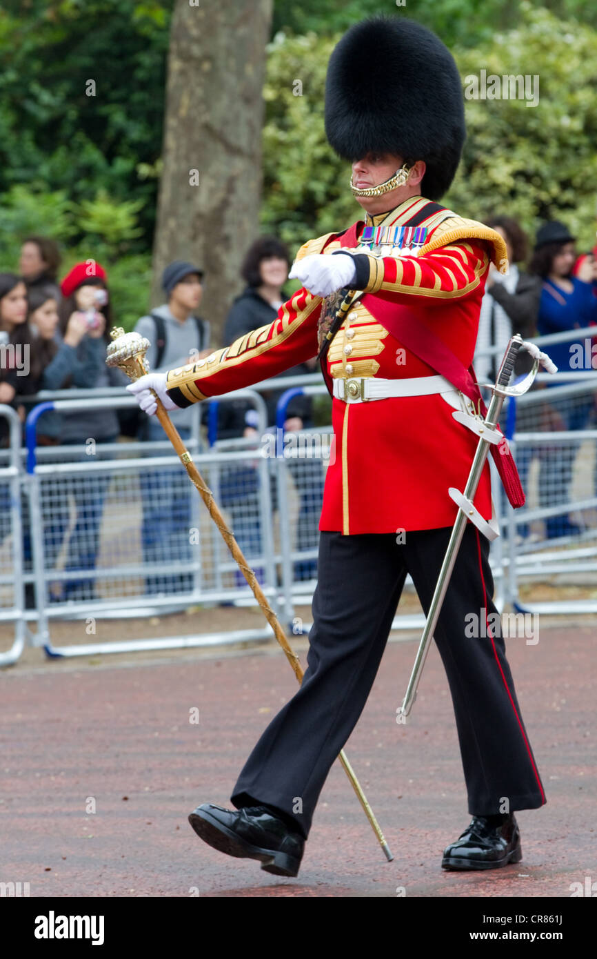 A Drum Major from the Coldstream Guards marches to the Trooping the Colour Major General's ...