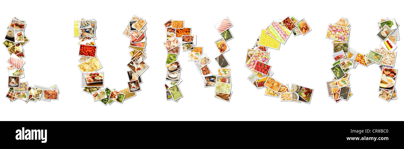 Lunch Food Collage Photos in Letters Shaped Stock Photo - Alamy