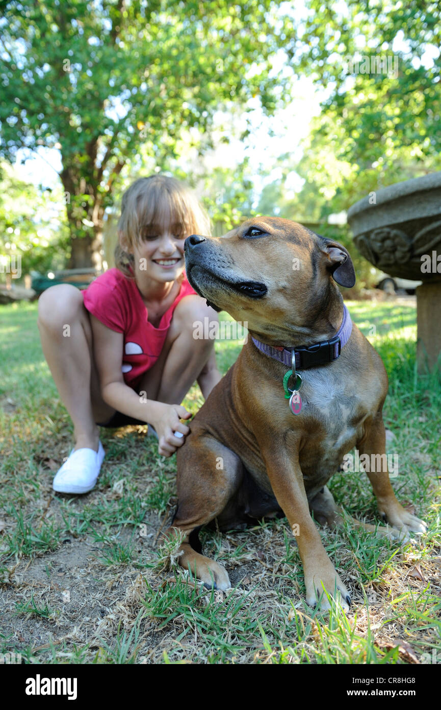 10 year old child scratching dog's back, dog in rapture Stock Photo - Alamy