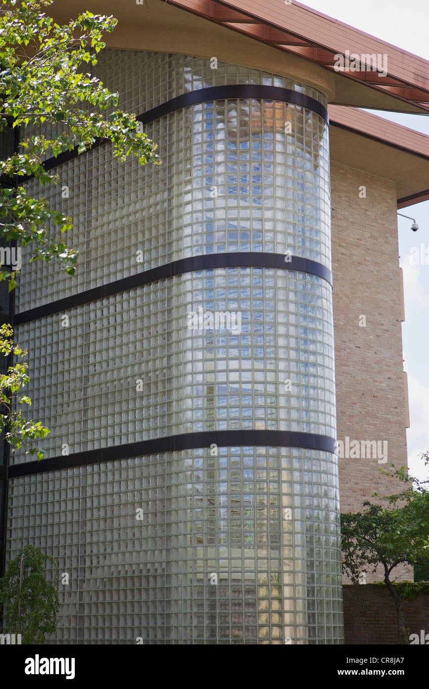 Glass block enclosed staircase at Riverside Place, Midland, Michigan ...